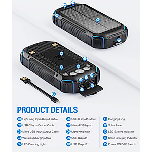 Jinepin 2 Pack of 36000mAh Solar Power Bank Solar Phone Charger, Built in 6 Cables, Wireless Portable Charger External Battery Pack with Led Flashlight