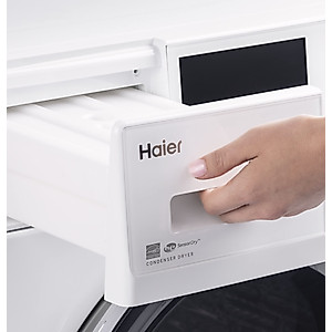 Haier QFT15ESSNWW 24" Ventless Condenser Frontload Electric Dryer with 4.1 cu. ft. Capacity 16 Cycles Auto-Sensing Moisture Sensor Reversible Doors in White