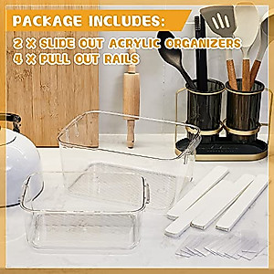 2 Pcs Pull Out Cabinet Organizer Slide out Storage Container No Need Drilling and Nailing Acrylic Drawer Storage Shelves with 4 Pull out Rail for Bathroom Kitchen