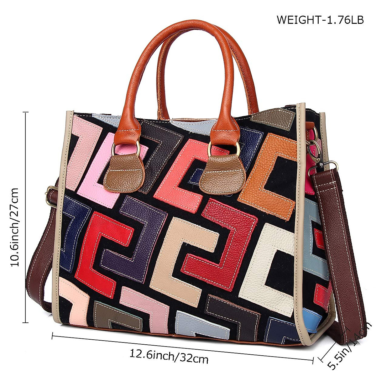 Segater® Women Multicolor Genuine Leather Tote Bag Cowhide Graffiti Print Colorful Handbag Geometric Puzzle Patchwork Purse Ladies Crossbody Bags