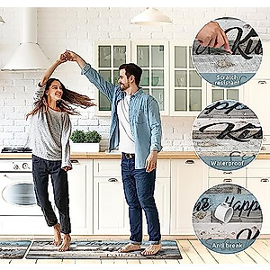 Farmhouse Kitchen Mats Sets of 2 Cushioned Standing Anti Fatigue Kitchen Rugs and Mat, for Rustic Home Office Kitchen mats for Floor Waterproof Non-Skid 17.3 x28+17.3 x 47 Inches Happiness Home
