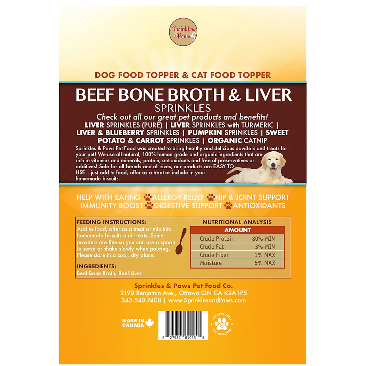 Sprinkles & Paws Beef Bone Broth and Liver Sprinkles | Dog Food Topper with Beef Liver for Dogs and Beef Bone Broth in Healthy Powder Form | Liver Powder for Dogs Helps with Eating and Appetite