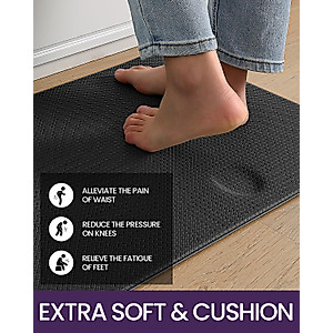 DEXI Kitchen Floor Mats Cushioned Anti Fatigue,17x29+17x59, Standing Runner Rug Waterproof, Comfort Memory Foam Padded for Front Sink Laundry Set of 2, Black