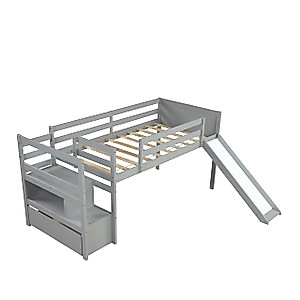 CITYLIGHT Twin Loft Bed with Stairs and Slide,Wood Kids Loft Bed with Storage Drawer and Shelf,Low Junior Loft Bed Frame with Safety Guardrails for Girls, Boys,No Box Spring Needed,Grey