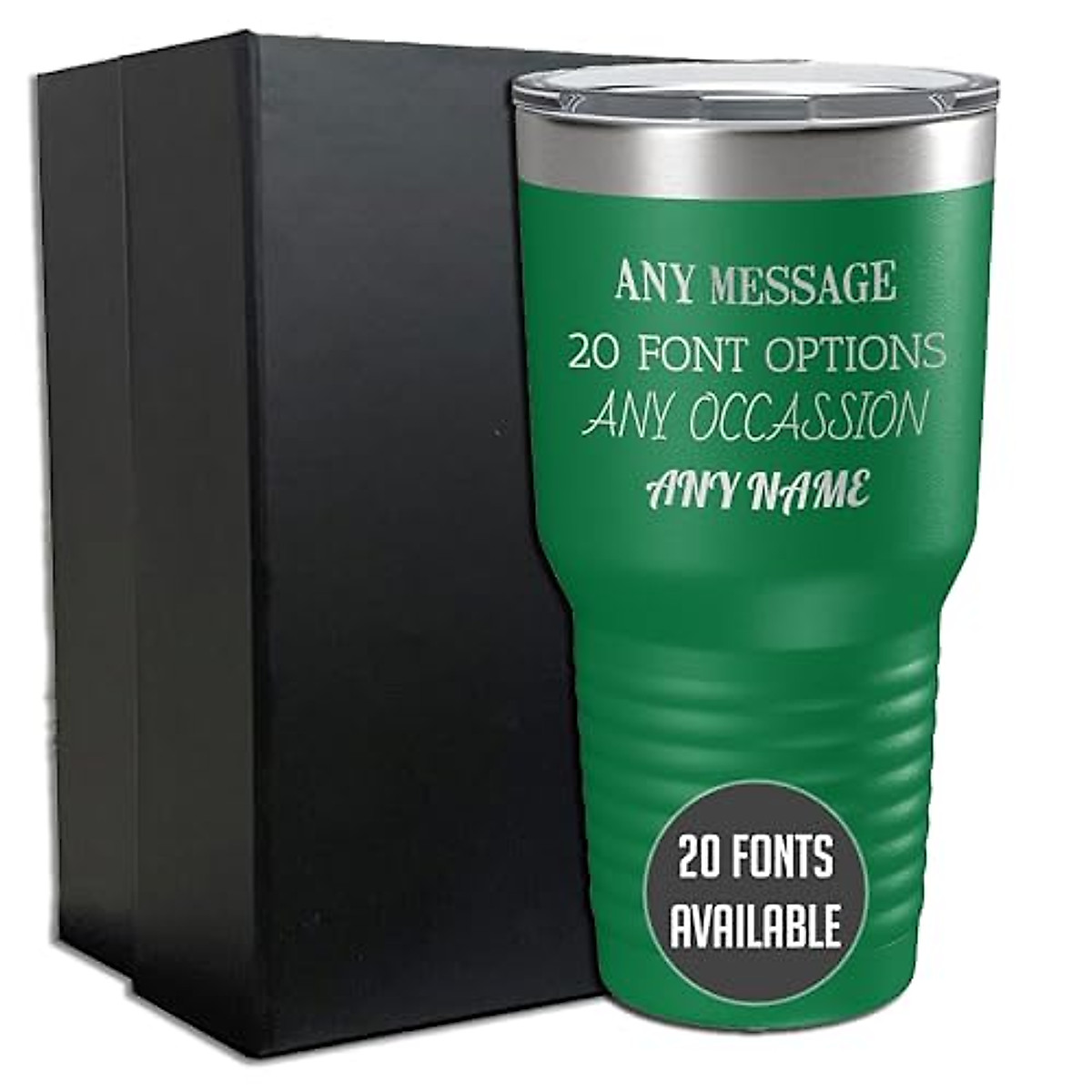 Personalized 30oz (17 Colors) Powder Coated Insulated Stainless Steel Tumbler with Lid, Custom Etched, Customized Text Message Name, Engraved Gift Idea Women Men Him Her, Your Text Here (Green)