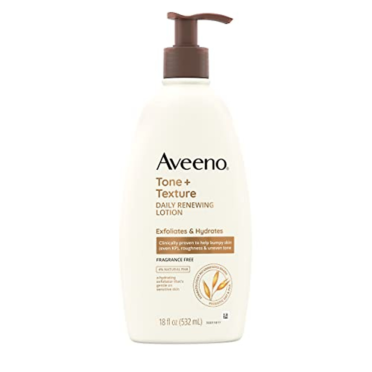 Aveeno Tone + Texture Daily Renewing Body Lotion With Prebiotic Oat, Gently Exfoliates & Hydrates Sensitive Skin, Clinically Proven to Help Bumpy, Rough Skin, Fragrance-Free, 18 Fl. Oz