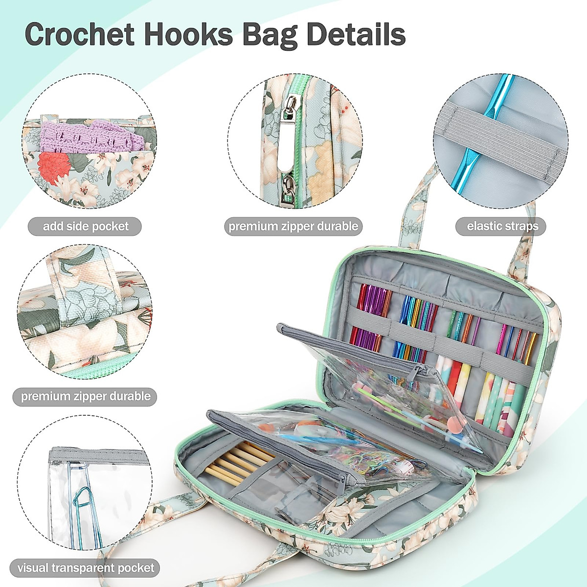 Katech Crochet Hooks Bag Portable Travel Storage Cases Organizer Empty Zipper Bags Knitting Needles Case with Knitting Needles Slots, Crochet Hooks Slots and Transparent Zipper Pockets