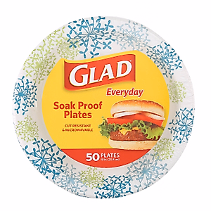 Glad Round Disposable Paper Plates for All Occasions | New & Improved Quality | Soak/ Cut Proof, Microwaveable Heavy Duty | 10" Diameter, 50 Count Bulk Plates