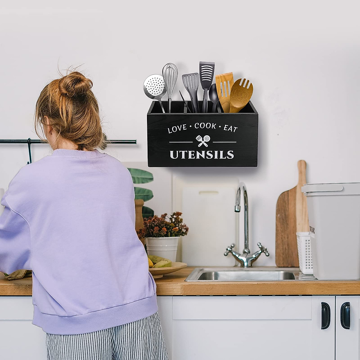 MINCORD Kitchen Utensil Holder with 3 Compartments, Rustic Wooden Utensils Storage Organizer Box Vintage Cutlery Holder, Farmhouse Flatware Utensil Caddy Countertop for Silverware Fork Spoon Spatula