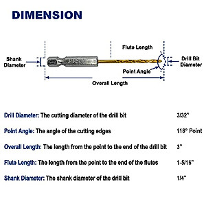 Pack of 6, 3/32-Inch Titanium Nitride Coated Drill Bit, Hex Shank, Premium M2 High Speed Steel, for Metal, Plastic, Wood