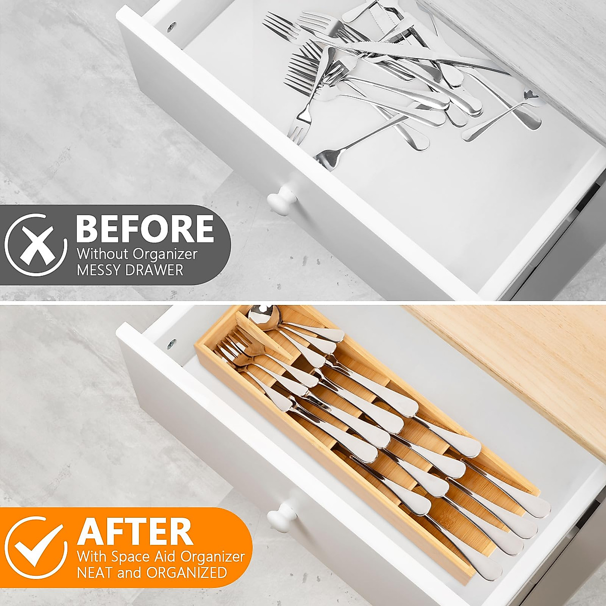 E-ROOM TREND Bamboo Drawer Store Compact Utensil Organizer for Kitchen Drawer Silverware, Flatware, Cutlery, Spoon and Knives Drawer Storage Organization (DD489)