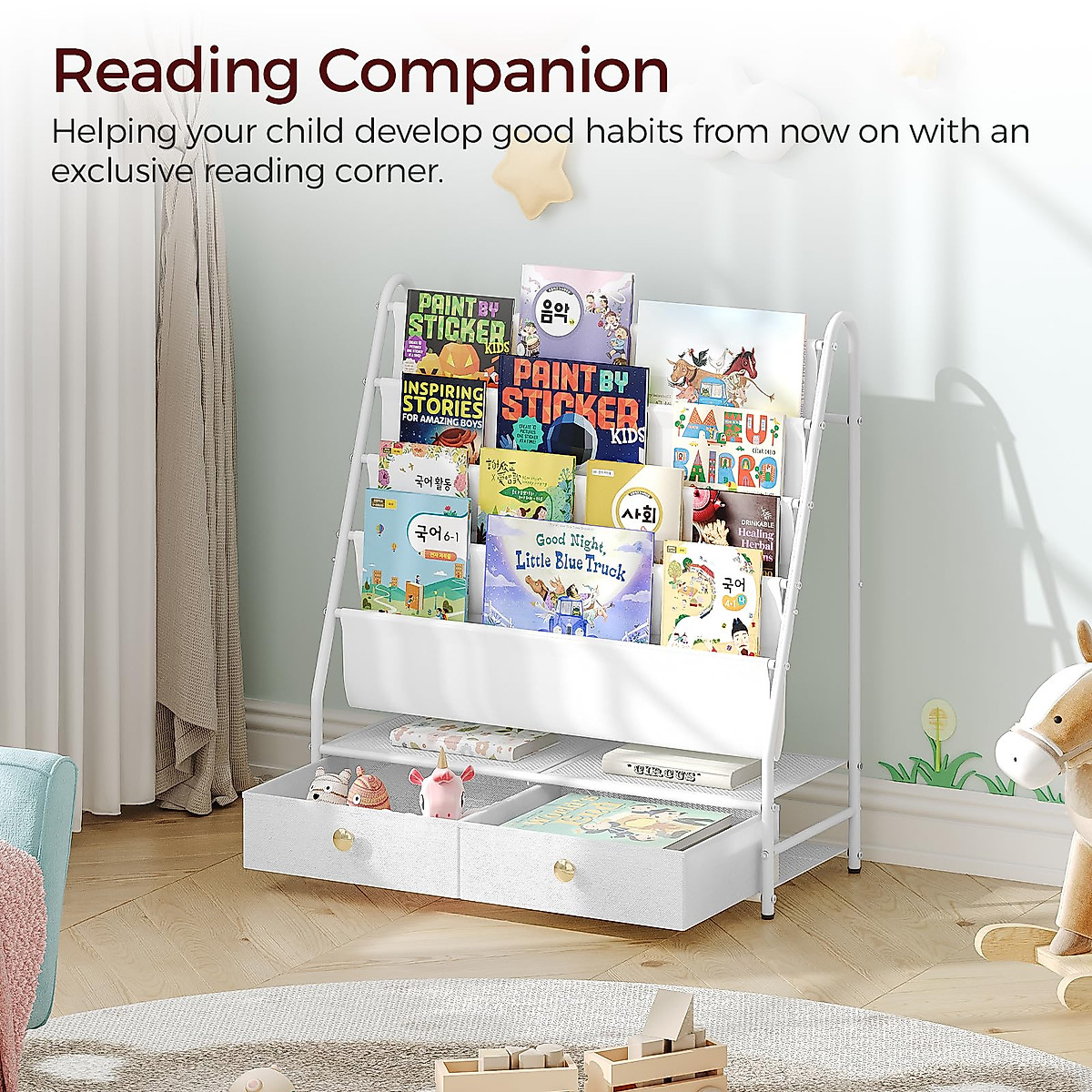 MAHANCRIS Kids Bookshelf, 4 Tier Bookcase, Kids Sling Book Rack with 2 Fabric Drawers, Storage Nursery Book Shelf for Children, Toy Organizer for Kids Room, Living Room, Study Room, White BKBW7401