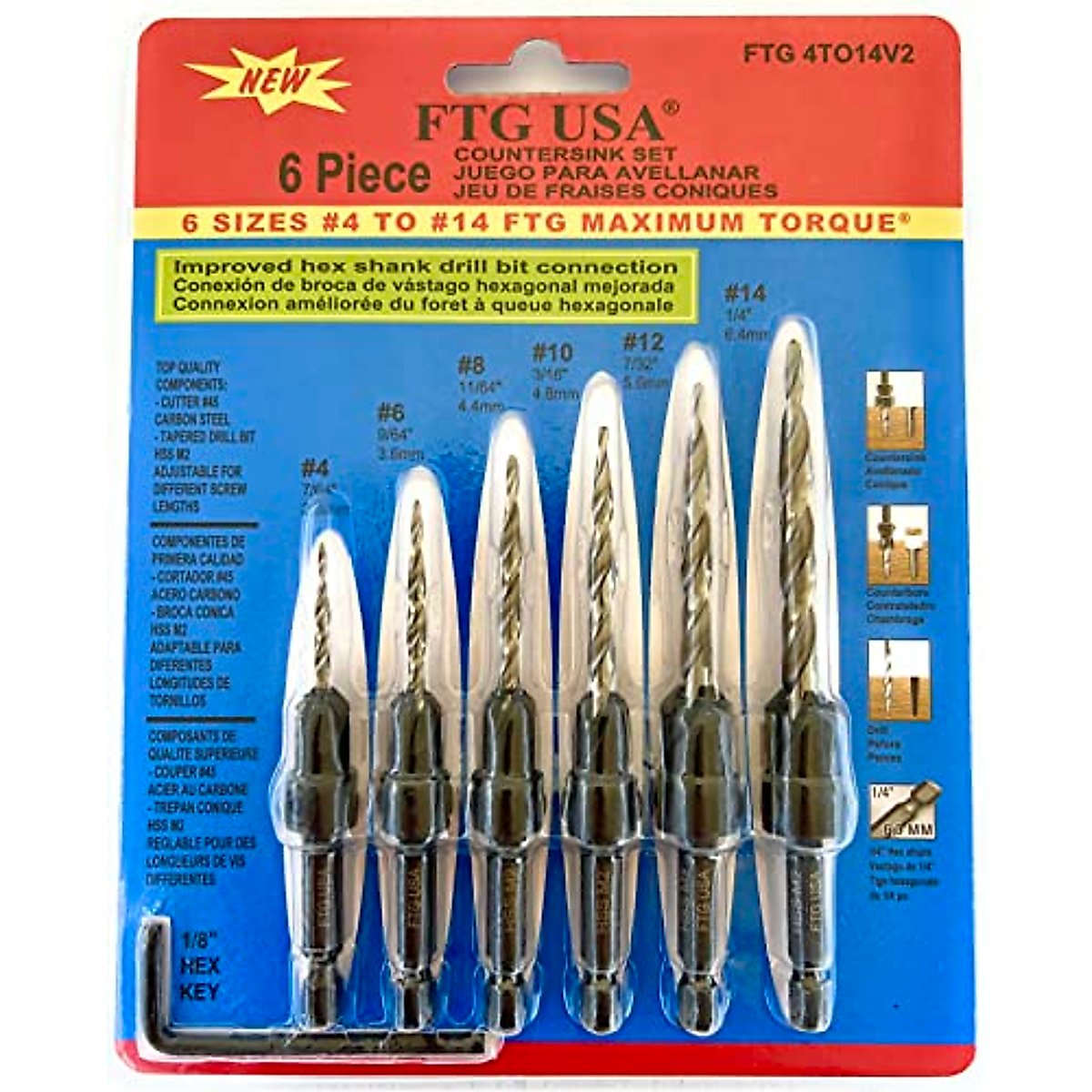 FTG USA Wood Countersink Drill Bit Set 6 Sizes #4 to #14 Set Countersink HSS M2 Tapered Drill Bits, Quick Change 1/4" Hex Shank Countersink bit, with 6 Storage Containers, 1 Allen Wrench