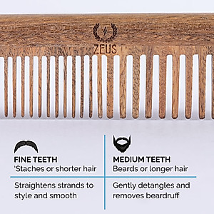 ZEUS Sandalwood Beard & Mustache Comb with Leather Case, Long Handmade Saw-Cut & Anti-Static Hair Comb (L31)
