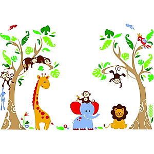 Runtoo Jungle Animals Tree Wall Decals for Nursery Baby Kids Bedroom Monkey Giraffe Elephant Wall Stickers Adventure Wall Décor