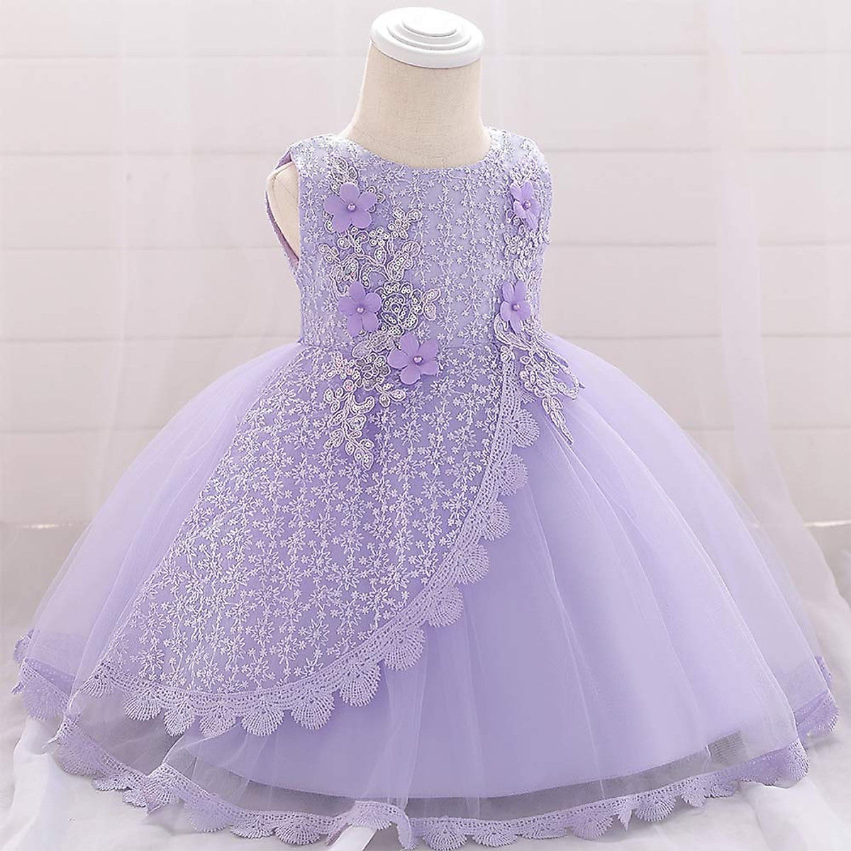 Baby Girls Tutu Dress Infant Flower Girl Sequin Lace Appliques Princess Dress for Baby Wedding Party First Birthday Pageant Gown Lilac 12-18 Months