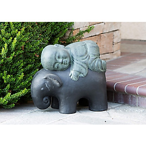 Shaolin Monk on Elephant Buddha Zen Garden Statues Good Luck Elephant - Rustic Green