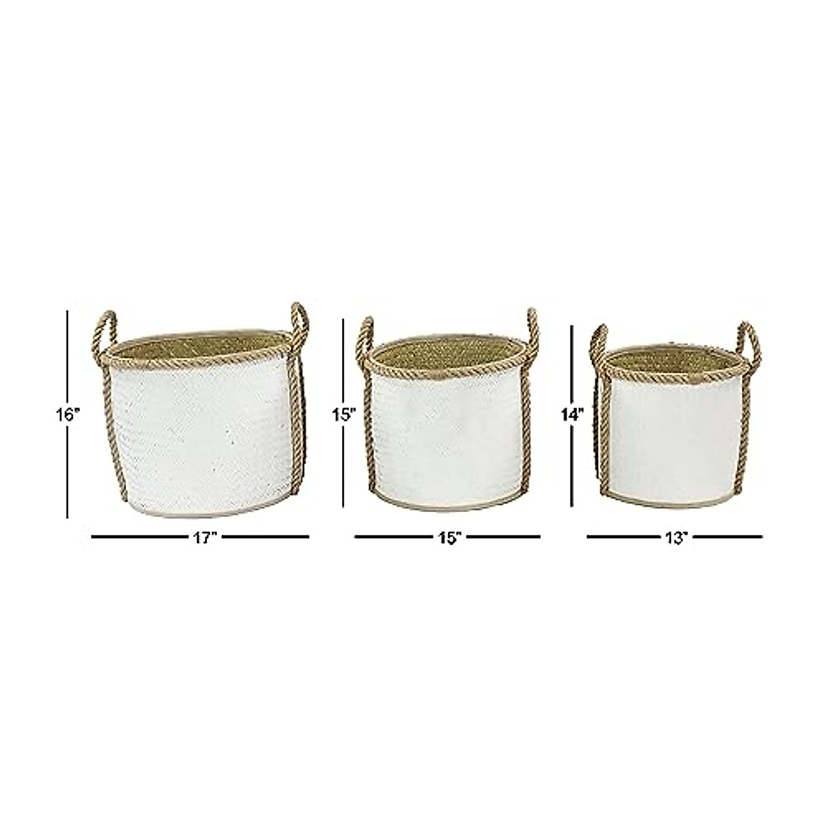 Deco 79 Seagrass Round Storage Basket with Handles, Set of 3 17", 15", 13"W, White