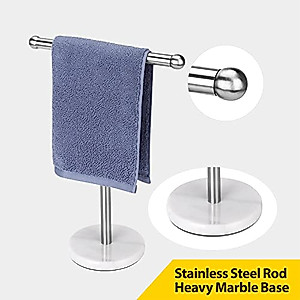 Hand Towel Holder Stand with Heavy Marble Base, T-Shape Towel Rack, Free-Standing for Bathroom Vanity Countertop, 304 Stainless Steel (Brushed Silver)