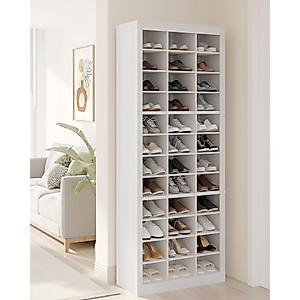 Hzuaneri Shoe Storage Cabinet, 36 Pairs Free Standing Closet Organizer, 8.8 inch Widened Cell Wood Shoe Organizer, 12 Tiers Vertical Space Saving Shoe Rack for Entryway, Bedroom, White SR20703X