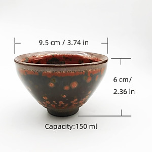JIUMEI 4oz Big Ceramic Host Tea Cup Tenmoku Jianzhan Cup Handmade Porcelain Tenmoku Glaze Bowl Cup Jian Zhan Tianmu Teacups, Blooming Flowers Pattern (Blooming Flowers+Bag)