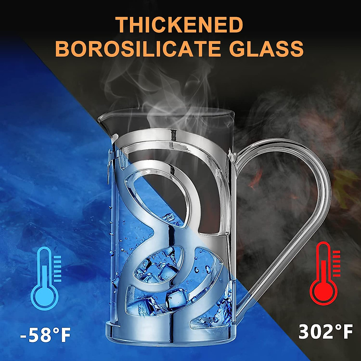 WORBIC French Press Coffee Maker, 3 Level Filtration System, Coffee Press with Heat Resistant Borosilicate Glass, 12oz Coffee French Press with Mini Coffee Canister & 2 Extra Filters(Silver)