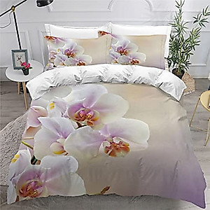 Quilt Cover Queen Size Orchid 3D Bedding Sets Plant Duvet Cover Breathable Hypoallergenic Stain Wrinkle Resistant Microfiber with Zipper Closure,beding Set with 2 Pillowcase