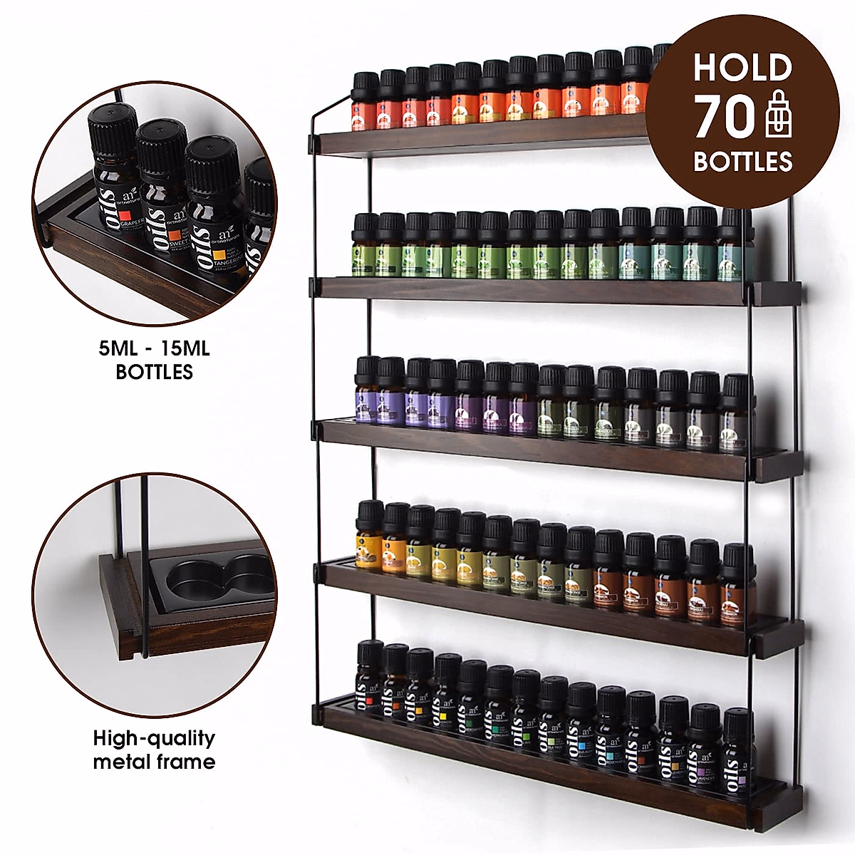 J JACKCUBE DESIGN Essential Oils Display Shelves Wall Mount Black Metal and Wood, Nail Polish Paint Holder Rack Organizer Holds 70 Bottles (5 Tier) : MK482A