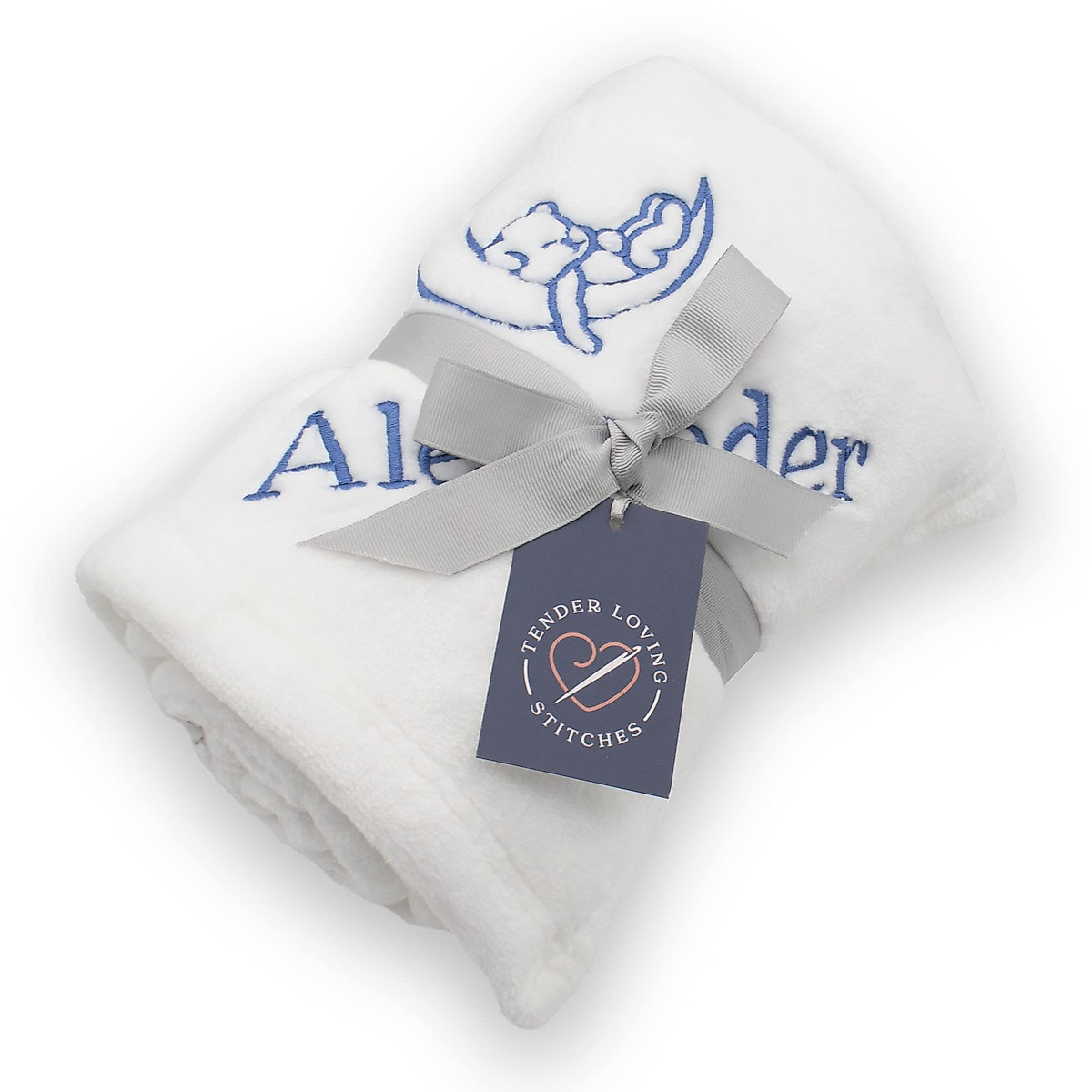 Tender Loving Stitches - Soft White Baby Blanket - Personalized with Baby’s Name and Cute Moon and Bear
