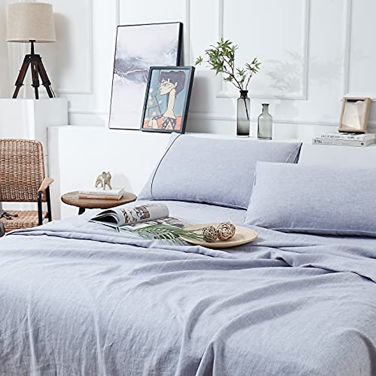 Berklan Linen Sheets King 100% French Natural Linen with Stone Washed 16 Inch Deep Pocket Organic Linen Sheets 200GSM Ultra Breathable(1 Flat 1 Fitted Sheet and 2 Pillowcases Blue King)