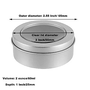 SHEUTSAN 48 Pack 2 OZ Metal Tins Cans, Round Empty Container Cans with Clear Window Top, Round Tin Container Bottle for Cosmetics, Lip Balm, Cream, Crafts, Wedding Party, Silver