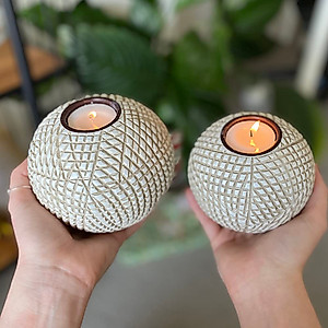 Luca Orb Candle Holders (Gift Boxed Set of 2), Table Centerpieces for Dining or Living Room, Spa, Bathroom, Kitchen Counter, Mantle or Coffee Table Decor (Grid Pattern, Beige and White)