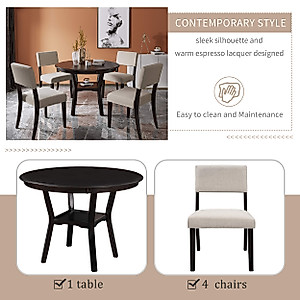5 Pieces Dining Sets with Wooden Round Table Bring Bottom Shelf and 4 Linen Upholstered Chairs with Back Cushion for Home Kitchen & Dining Room Furniture Breakfast, Lunch & Dinner, Espresso+Beige