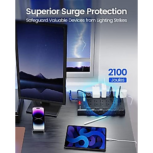 Power Strip, SUPERDANNY Surge Protector with 22 AC Outlets and 6 USB Charging Ports, 1875W/15A, 2100 Joules, 6.5Ft Flat Plug Heavy Duty Extension Cord for Home, Office, Dorm, Gaming Room, Black