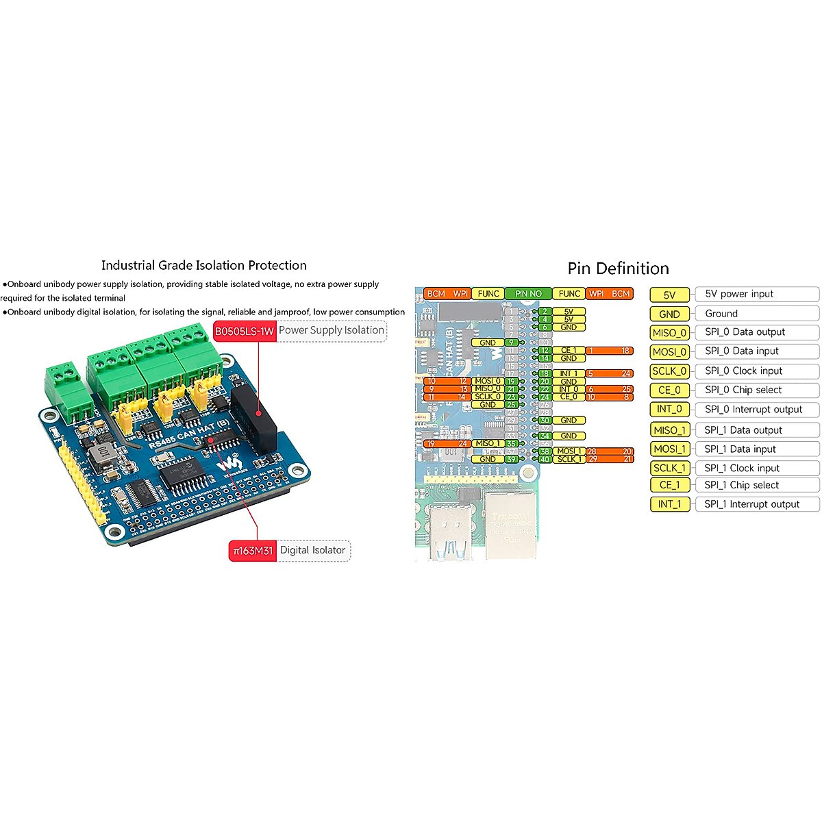 RS485 CAN HAT (B) for Raspberry Pi 4B/3B+/3B/2B/Zero/Zero W/Zero 2W/ Zero 2WH, 2-Ch RS485 and 1-Ch CAN, Industrial Grade Isolation Protection, Bulit-in ADI Magnetical Isolation, TVS Diode, etc