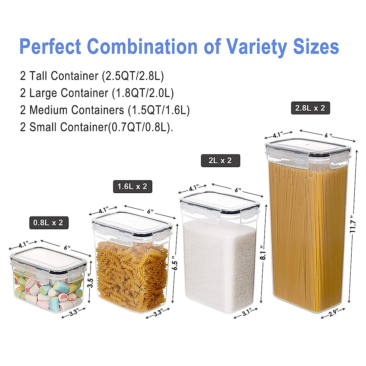 8 PCS Plastic Storage Containers for Kitchen Pantry Organization and Storage,Airtight Food Storage Containers Set with Lids, Cereal and Sugar