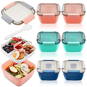 Salad Container for Lunch 50 oz Salad Lunch Container with 3 Compartment Salad Bento Box for Adult with Dressing Container Stackable Lunch Container Reusable Salad Bowl for Meal Snack Fruit (6 Pcs)