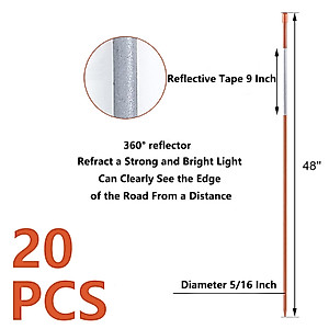 Driveway Markers with Reflective Tape 20 Pcs 48 Inch Solid Fiberglass Pole Snow Stakes for Parking Lots, Walkways, Ski Slopes Road (5/16 Inch Diameter)