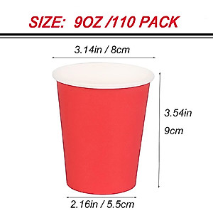 [110 Pack] Paper Cups 9 Oz, Red Paper Cups Party,Disposable Paper Coffee Cup, Hot or Cold Beverage Drinking Paper Cups, Paper Cups for Party, Picnic, BBQ, Travel, and Event(Red)