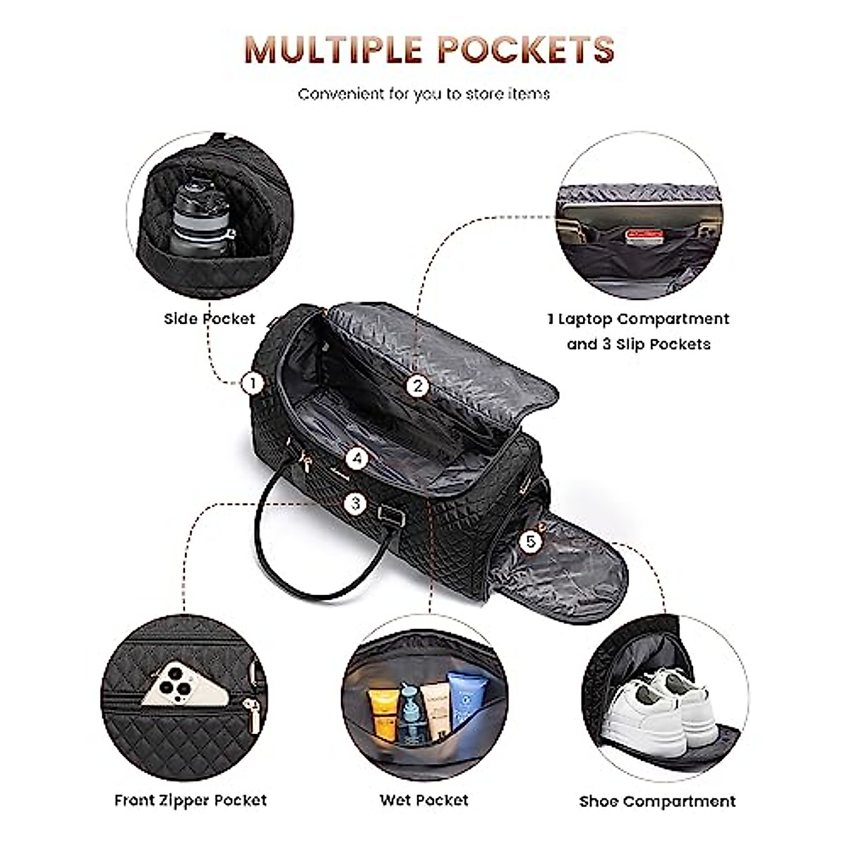 LOVEVOOK Travel Duffle Bag, 50L Weekender Overnight Bag with Toiletry Bag, Quilted Carry On Bag with Shoe Compartment, Gym Duffel Bag with Wet Pocket for Women, Hospital Bags for Labor and Delivery