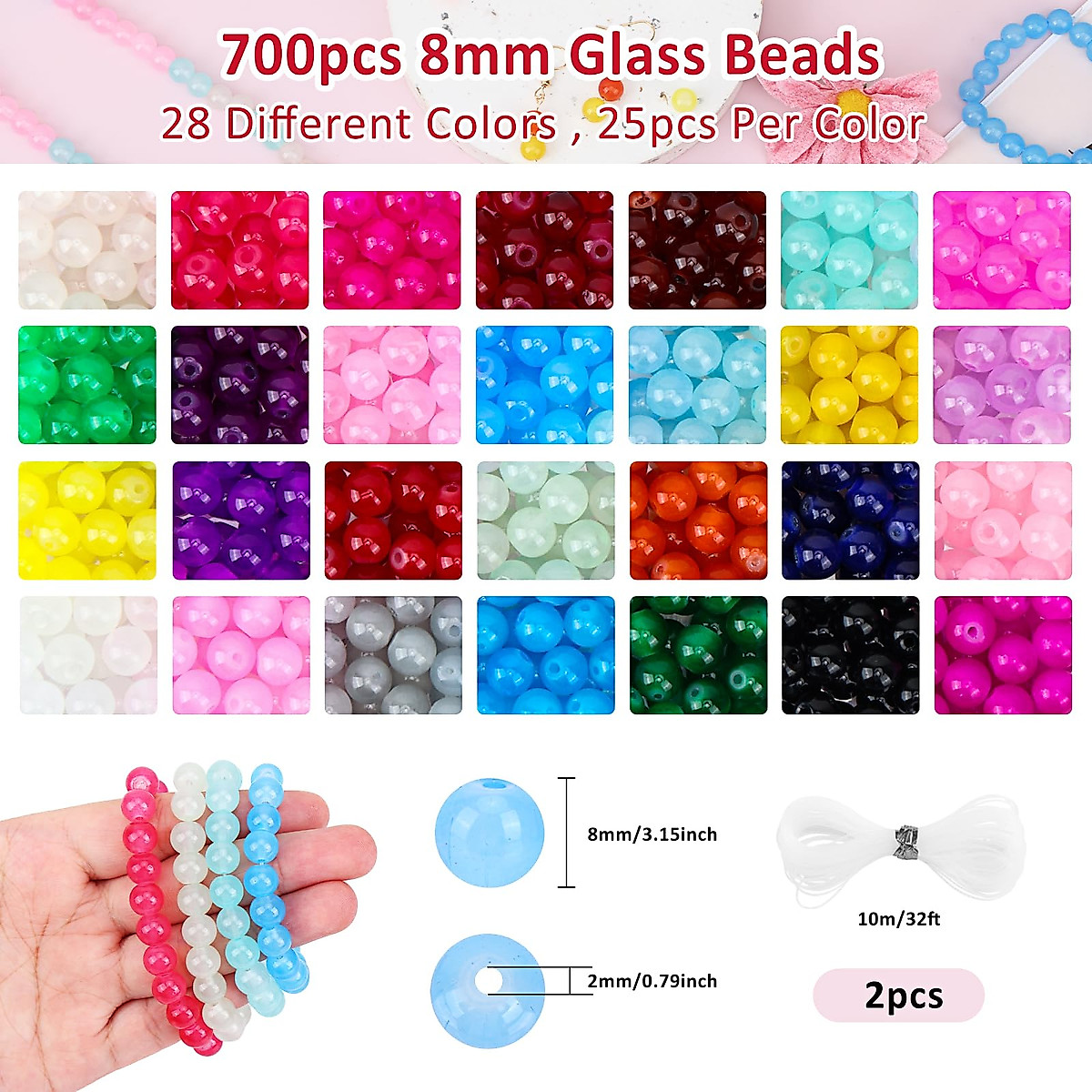 QUEFE 700pcs Glass Beads Kit for Jewelry Making, 28 Colors 8mm Crystal Beads Bulk for Bracelet DIY Crafts