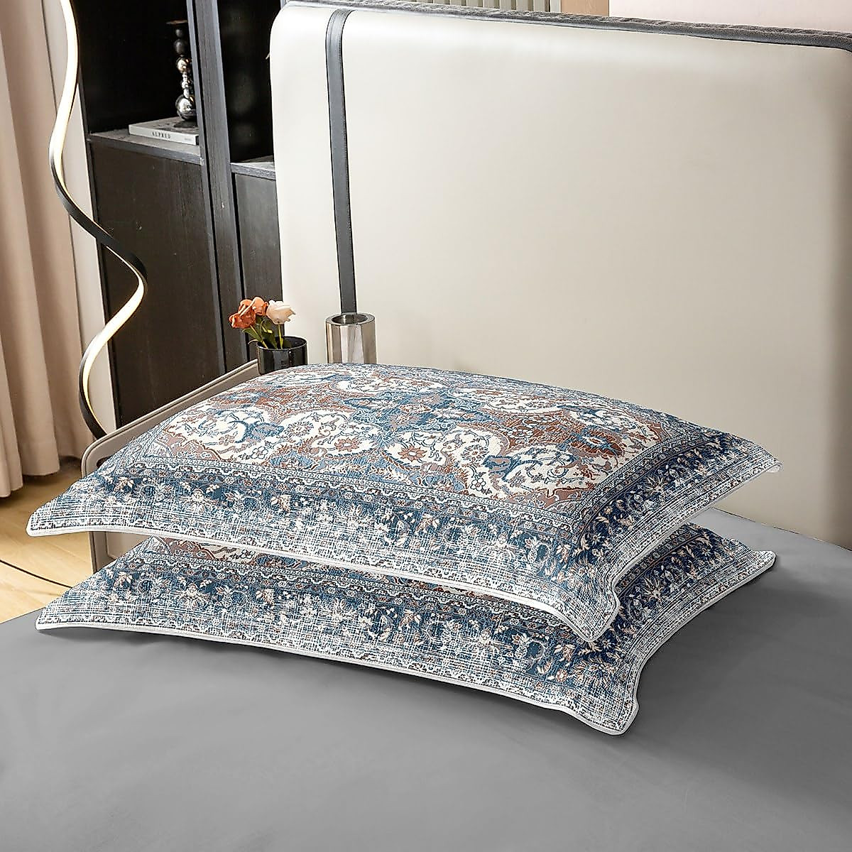 100% Cotton Antique Duvet Cover Twin, Boho Bedding Set, Blue Brown Damask Floral Bohemian Flowers Retro Comforter Cover, Exotic Tribal Medallion Egyptian Bedroom Decor Quilt Cover