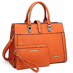 Women's Handbag Flap-over Belt Shoulder Bag Top Handle Tote Satchel Purse Work Bag w/Matching Wristlet (Orange)