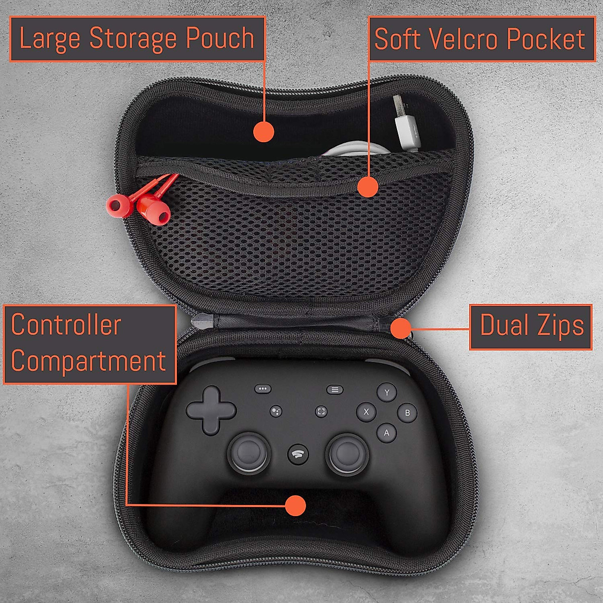 Orzly Case for Google Stadia Controller - Protective Case with Internal Storage Pocket for Charging Cable