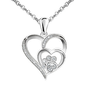 KITEENAL Paw Necklace for Women - Sterlings Silver Cubic Zirconia Dog Cat Pet Paw Print Love Heart Pendant Necklace Adjustable Charm Necklace Mother's Day Gifts