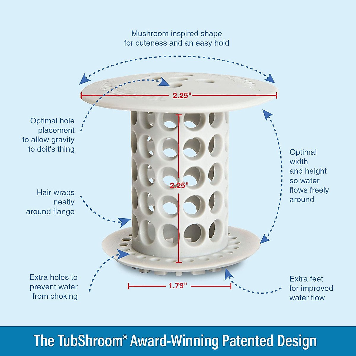 TubShroom Tub Hair Catcher Protector, Fits 1.5" - 1.75" Drain, Gray