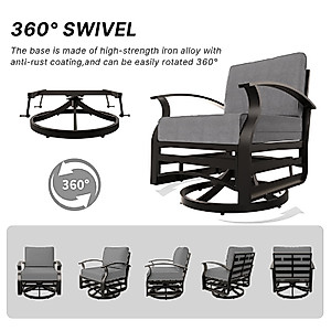 Gotland 5 Seats Outdoor Metal Patio Furniture Set with 2 Swivel Rocking Chairs&55,000 BTU Gas Fire Pit Table w/Glass Wind Guard Patio Conversation Sectional Sofa Sets-Grey