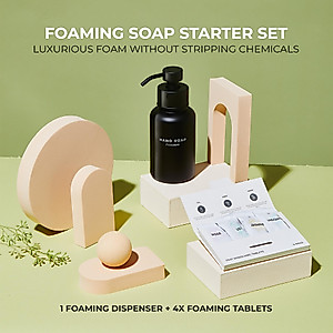 MaisoNovo Shampoo and Conditioner Dispenser with Wall Mounts - 4 Pack Mixed Scent Foaming Hand Soap Tablets + 1 Black Glass Dispenser