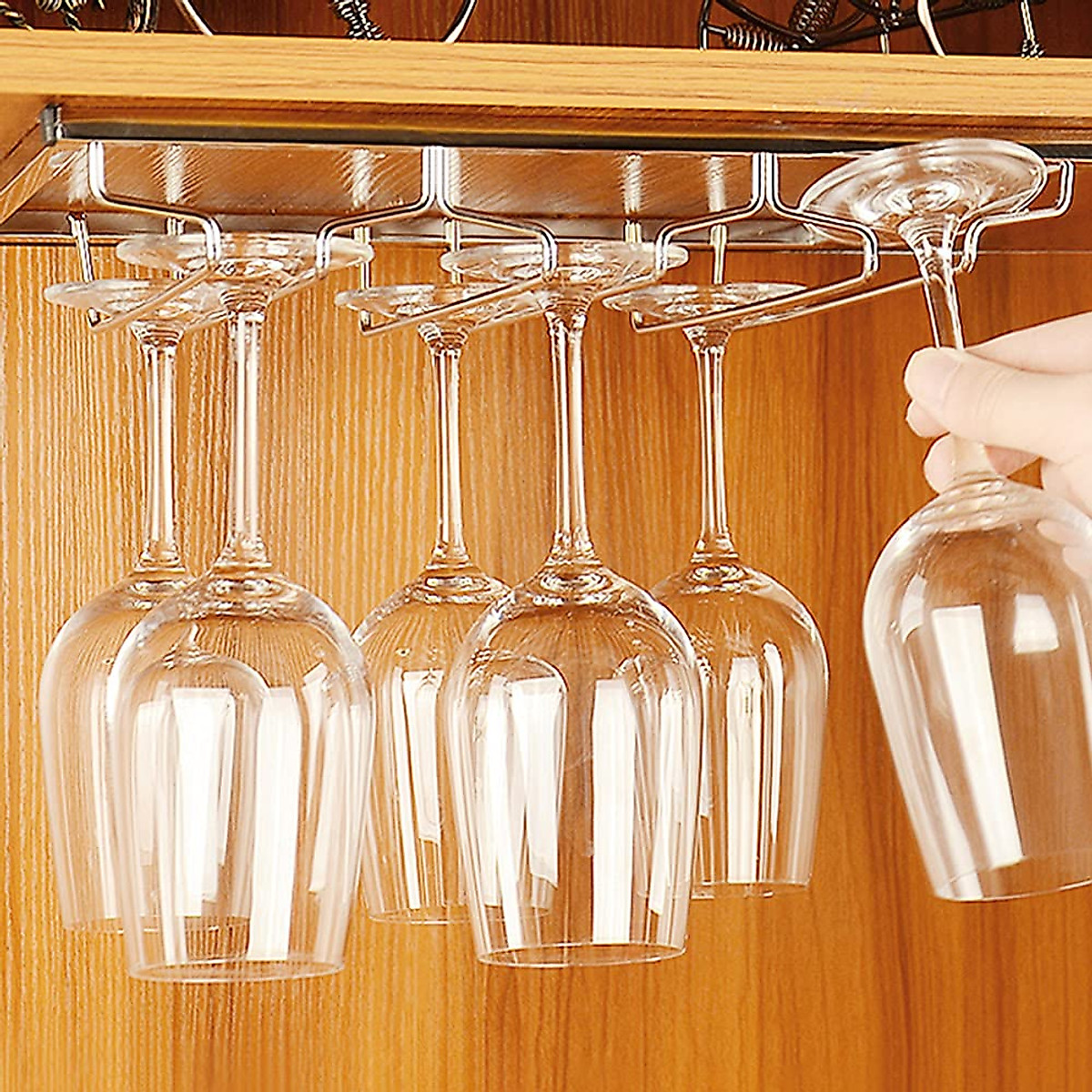 Hanging Wine Glass Holder Rack with 4 Rows, Stainless Steel Wine Glass Rack Under Cabinet, Glasses Storage Hanger Organizer for Home Kitchen Décor