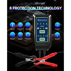 SAFEMATE 12V Battery Charger, 0.75A/1.25A Full Automatic Trickle Charger, Battery Maintainer, and Battery Desulfator, for Car, Motorcycle, Lawn Mower Lead Acid Batteries